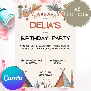 Editable Boho Birthday Invitation: Neutral Colors, Fun Design (canva ...