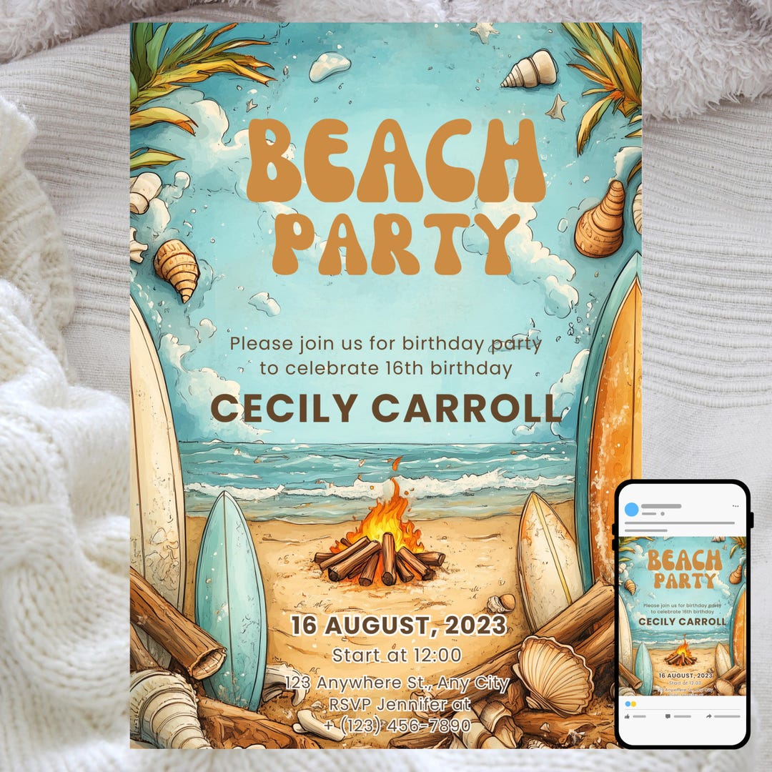 Beach Bonfire Birthday Invitation: Surf & Sand Theme (digital Template ...