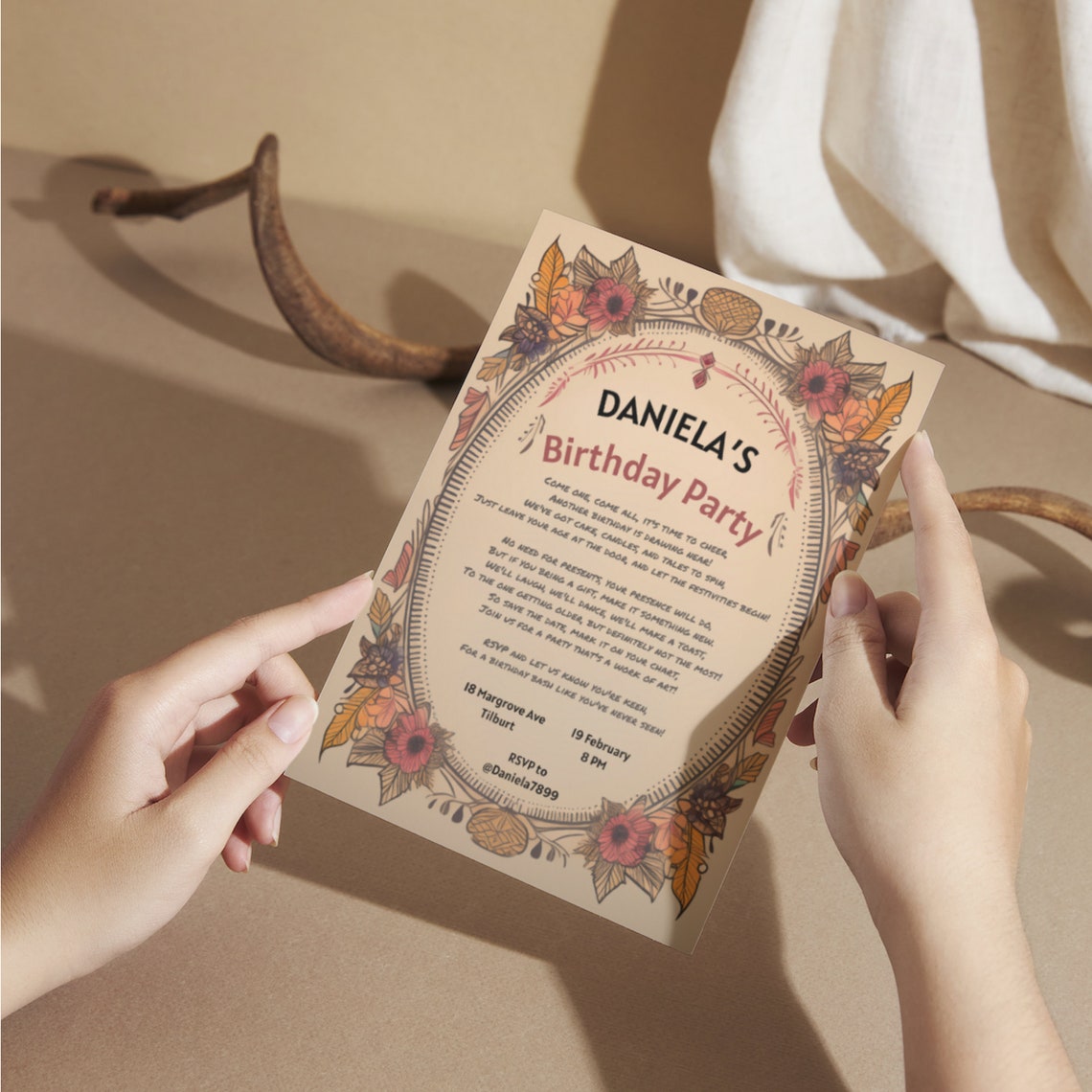 Editable Free Spirit Birthday Invitation, Neutral Colours Printable ...