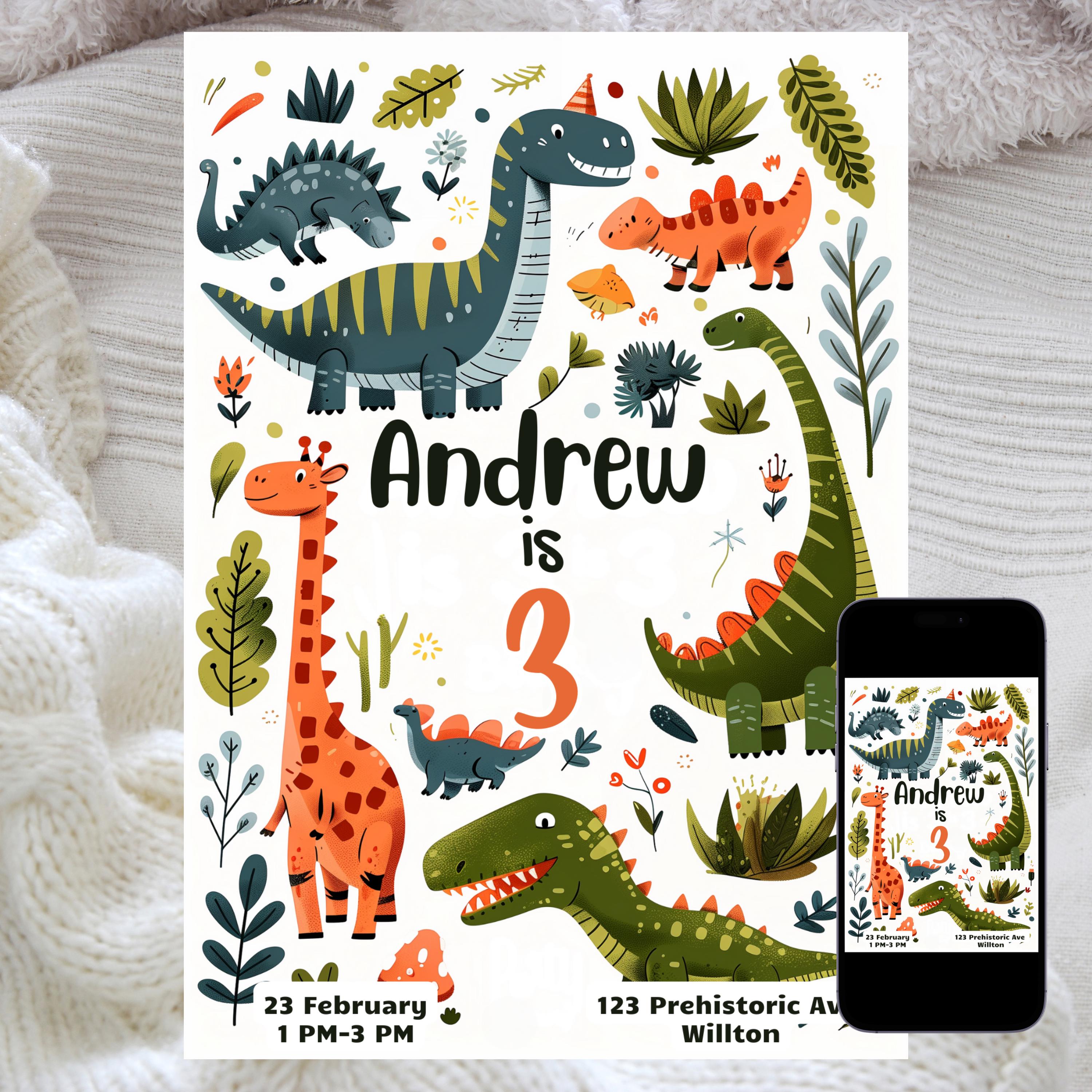 Cartoon Dinosaur Birthday Invitation, Editable Dino Party Invite ...