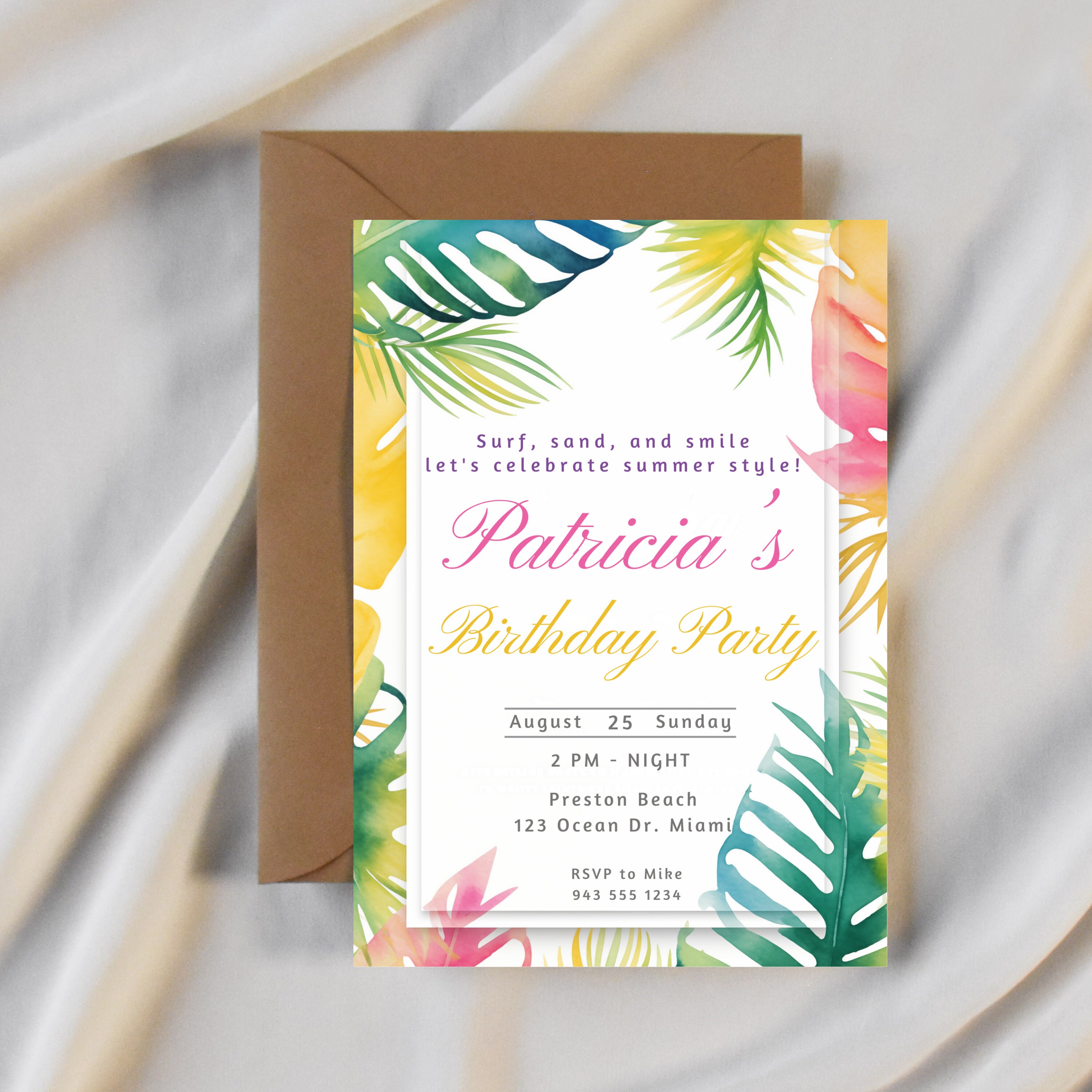 Editable Tropical Summer Birthday Invitation, Watercolor Palm Leaves ...