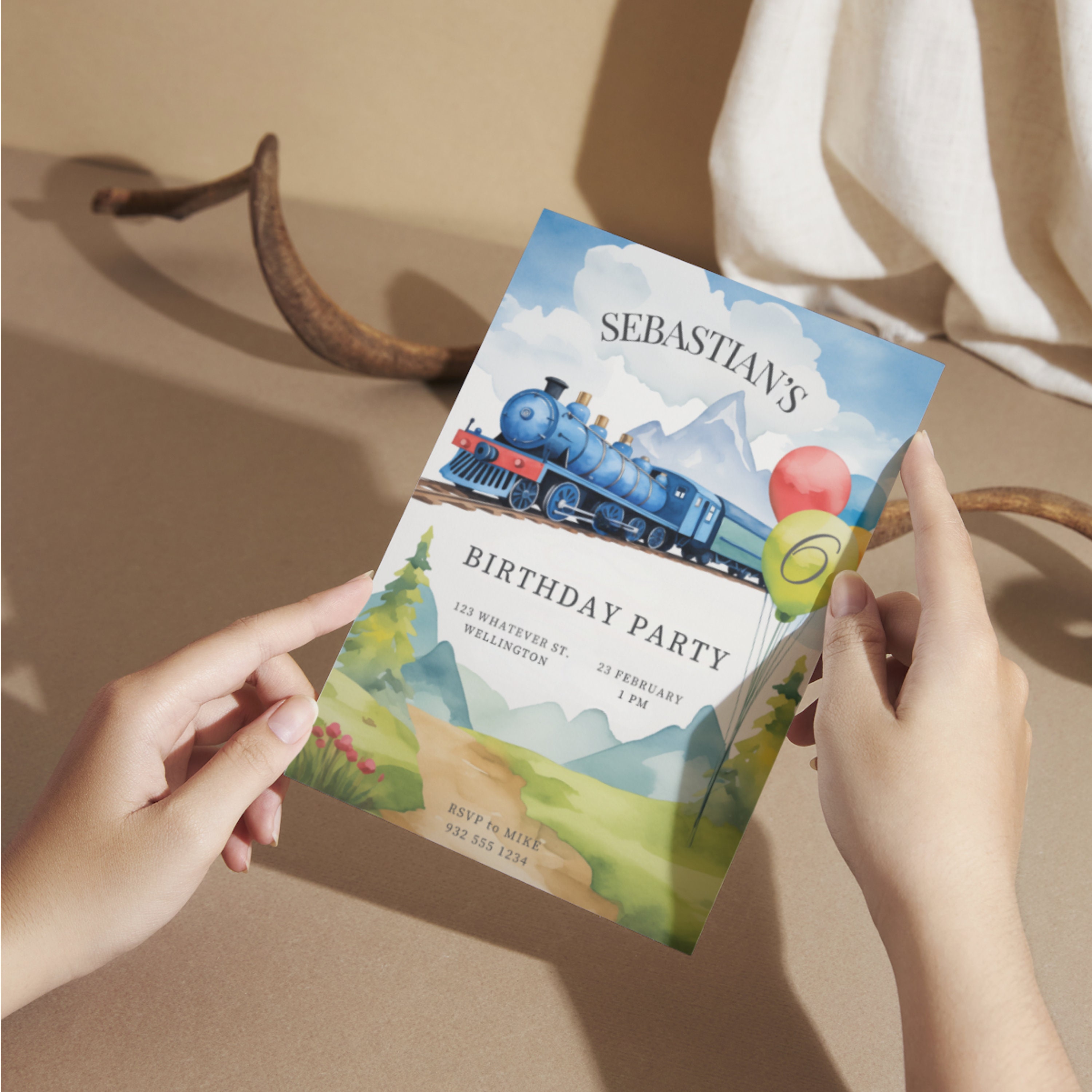 Vintage Watercolor Train Birthday Invitation Template, Chugga Train ...