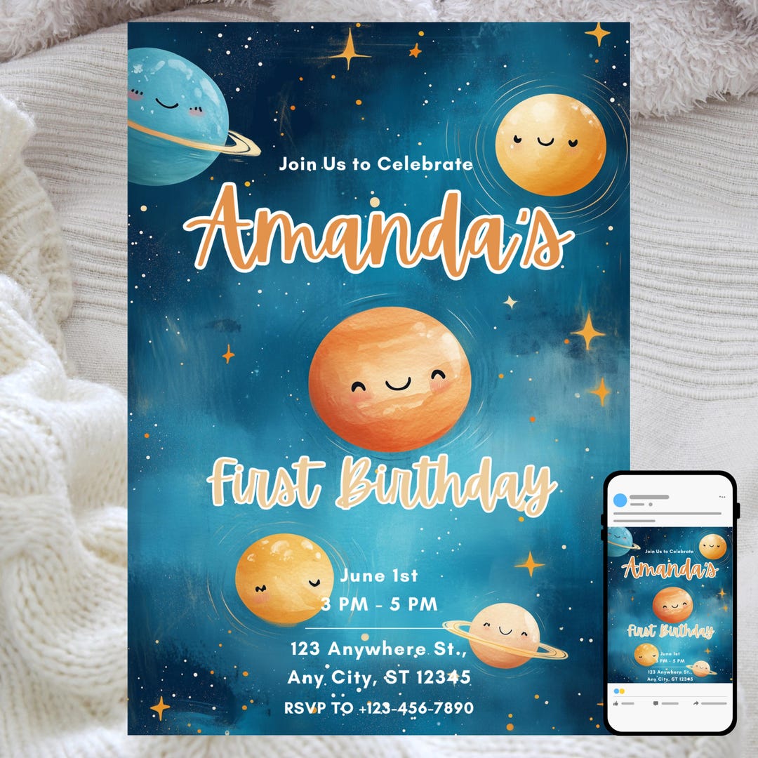 Kids Birthday Invitation, Outer Space Theme, Cute Planets Design ...