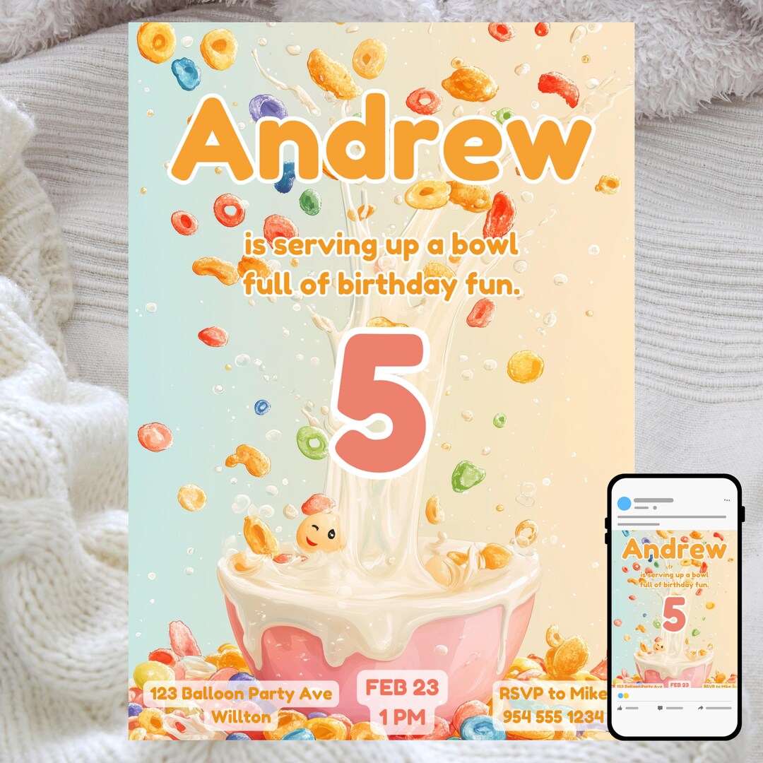 Cereal-ously Awesome Birthday Invitation, Kids Party, Editable Digital ...