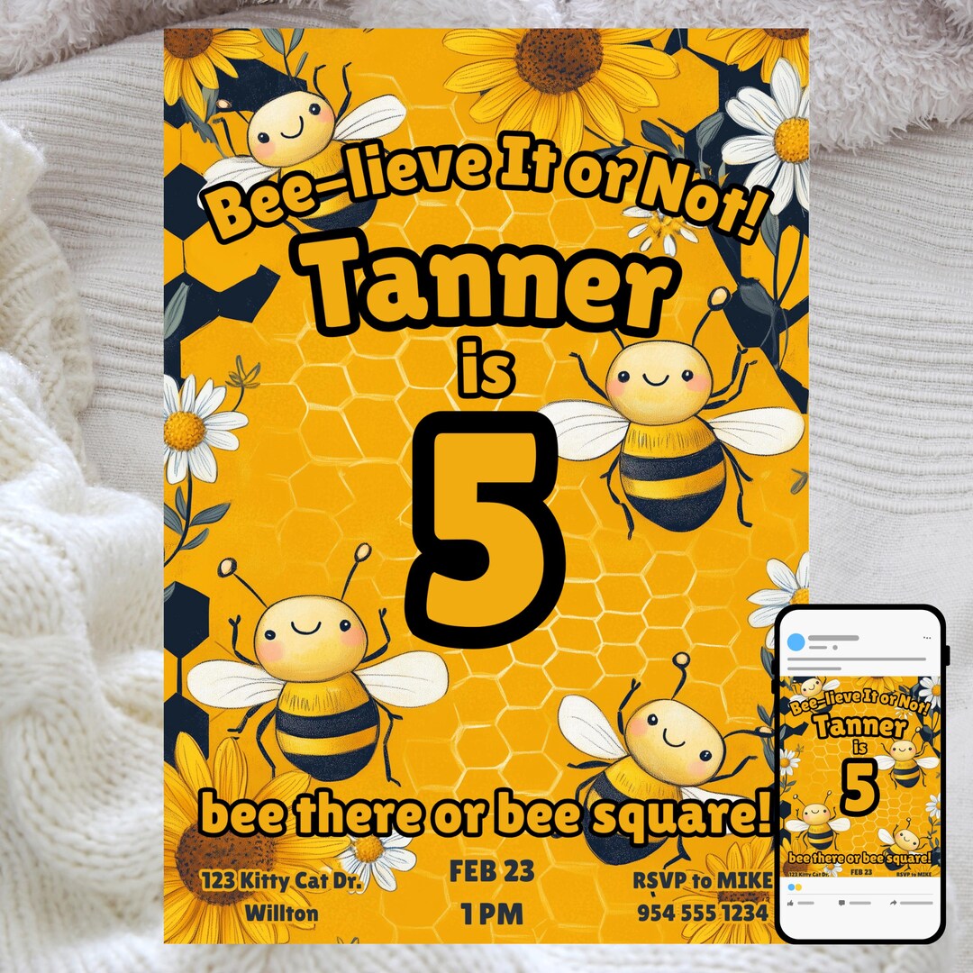 Bee Birthday Invitation, Cute and Funny Kids Party Design, Editable ...