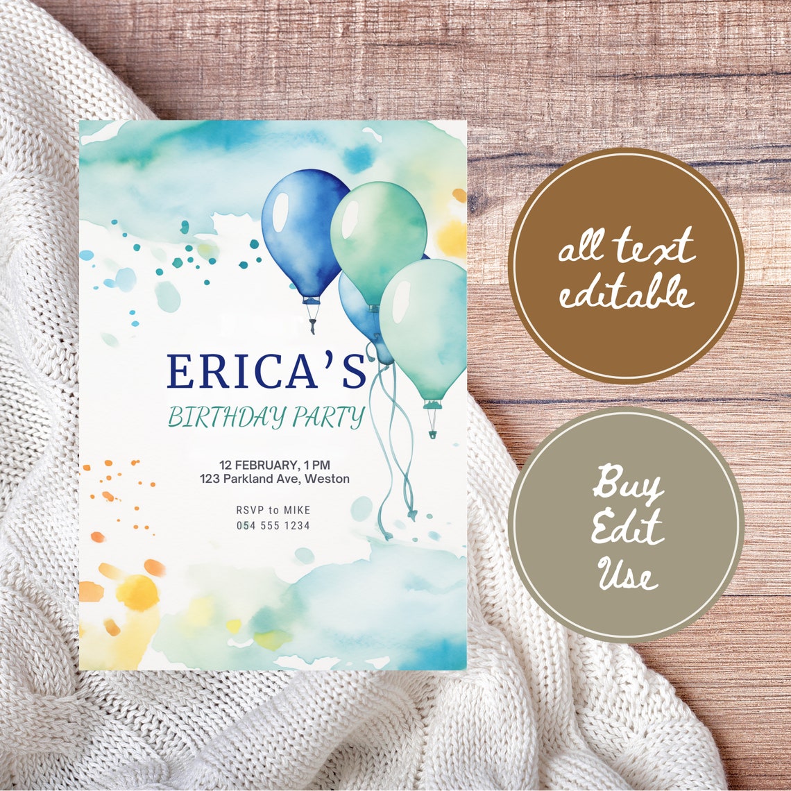 Balloon Birthday Invitation Template, Watercolor Birthday Invite, First ...