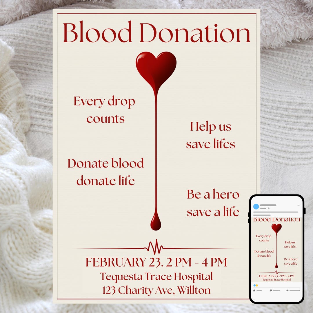 Blood Donation Drive Invitation, Editable Charity Event Template, Community Blood Drive, Digital ...