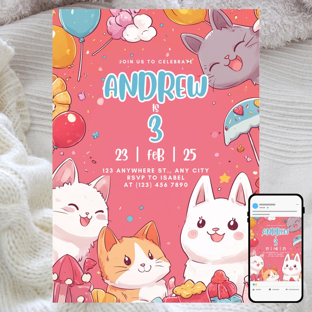 Anime Cat Birthday Invitation, Kids Party, Editable Digital Template ...