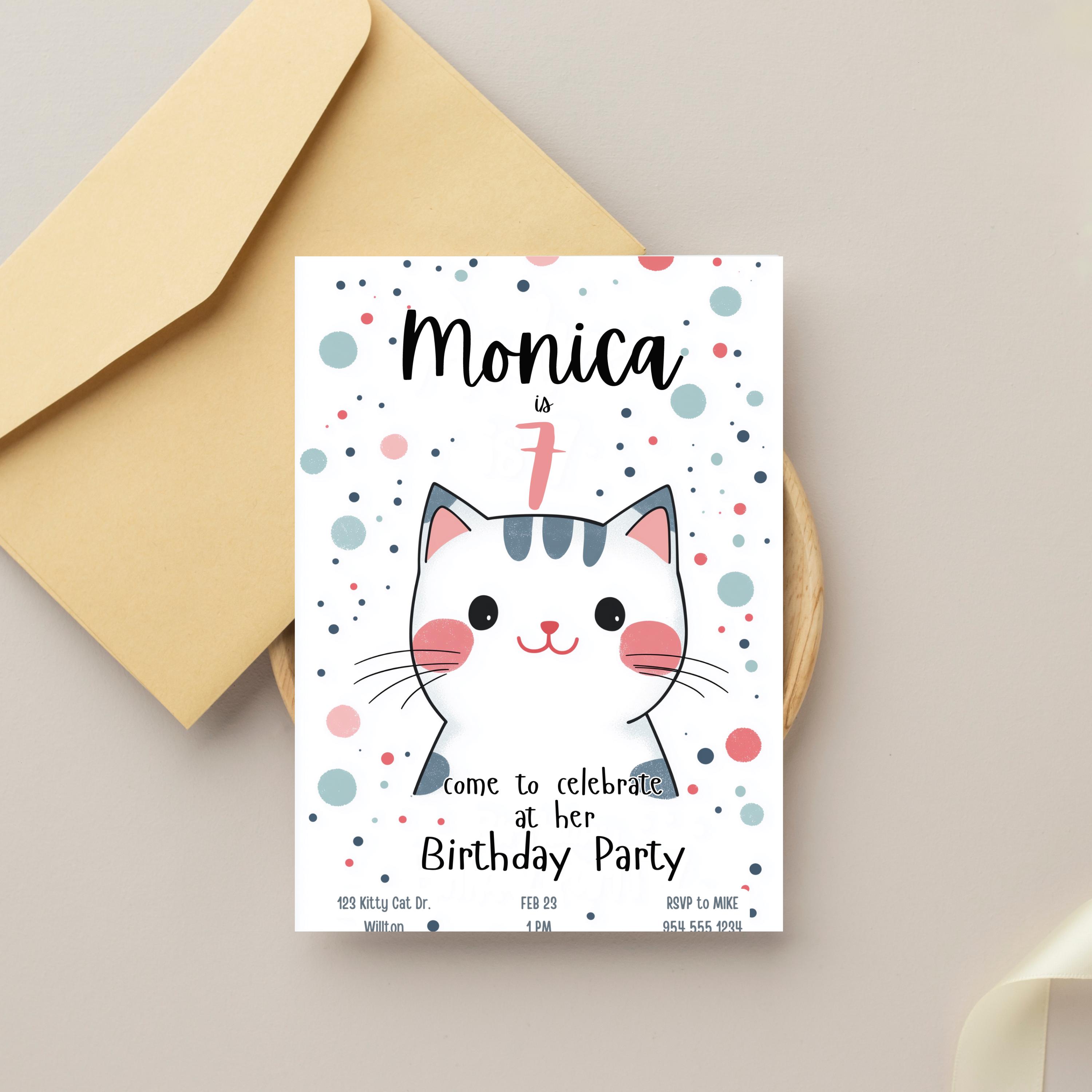 Editable Kawaii Kitty Cat Birthday Invitation: Pastel Kitten Party ...