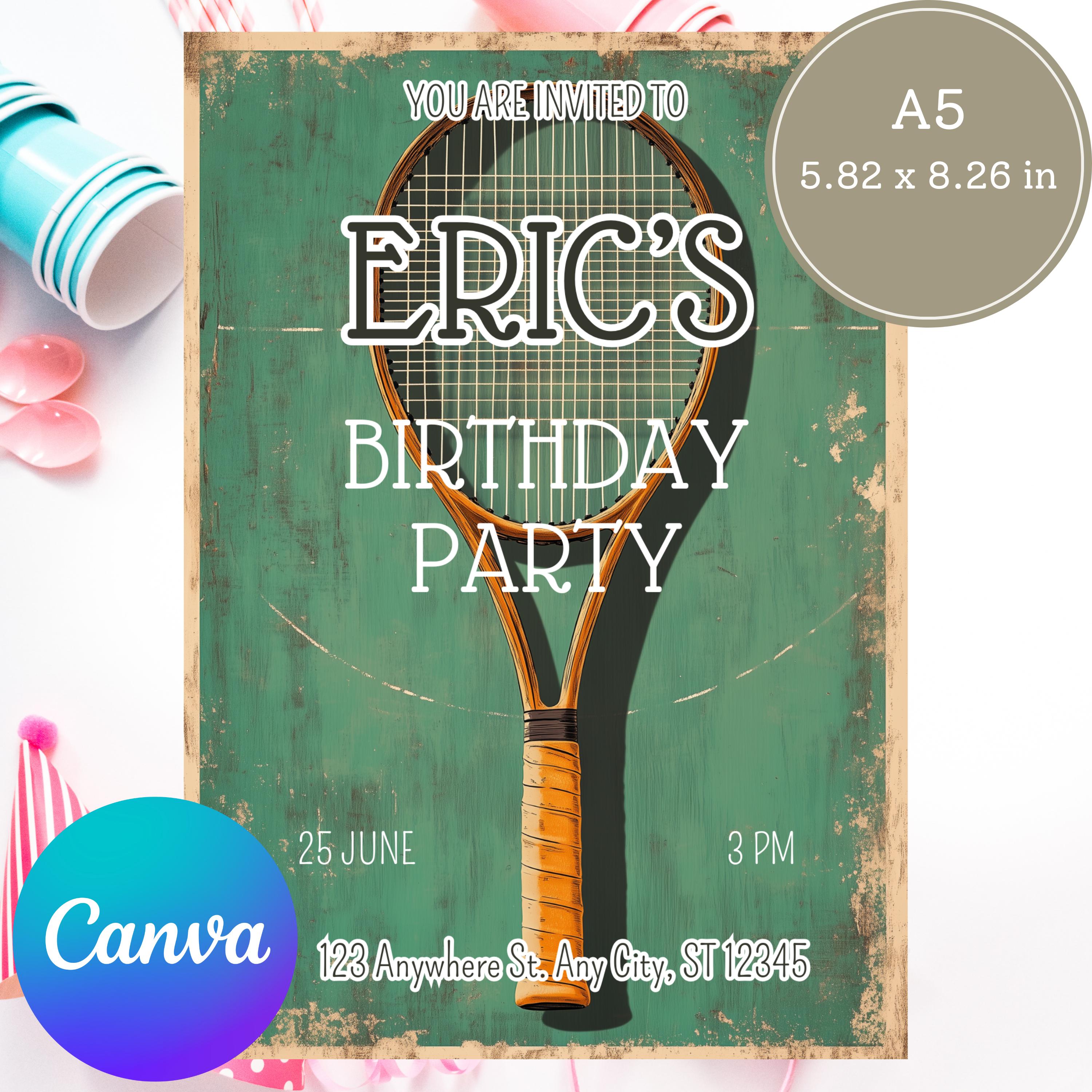 Tennis Birthday Invitation, Editable Sports Party Template, Vintage ...