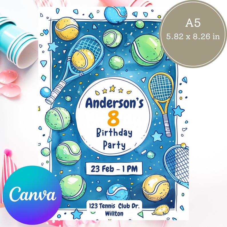 Tennis Birthday Invitation Template: Racquet & Ball Design (canva ...