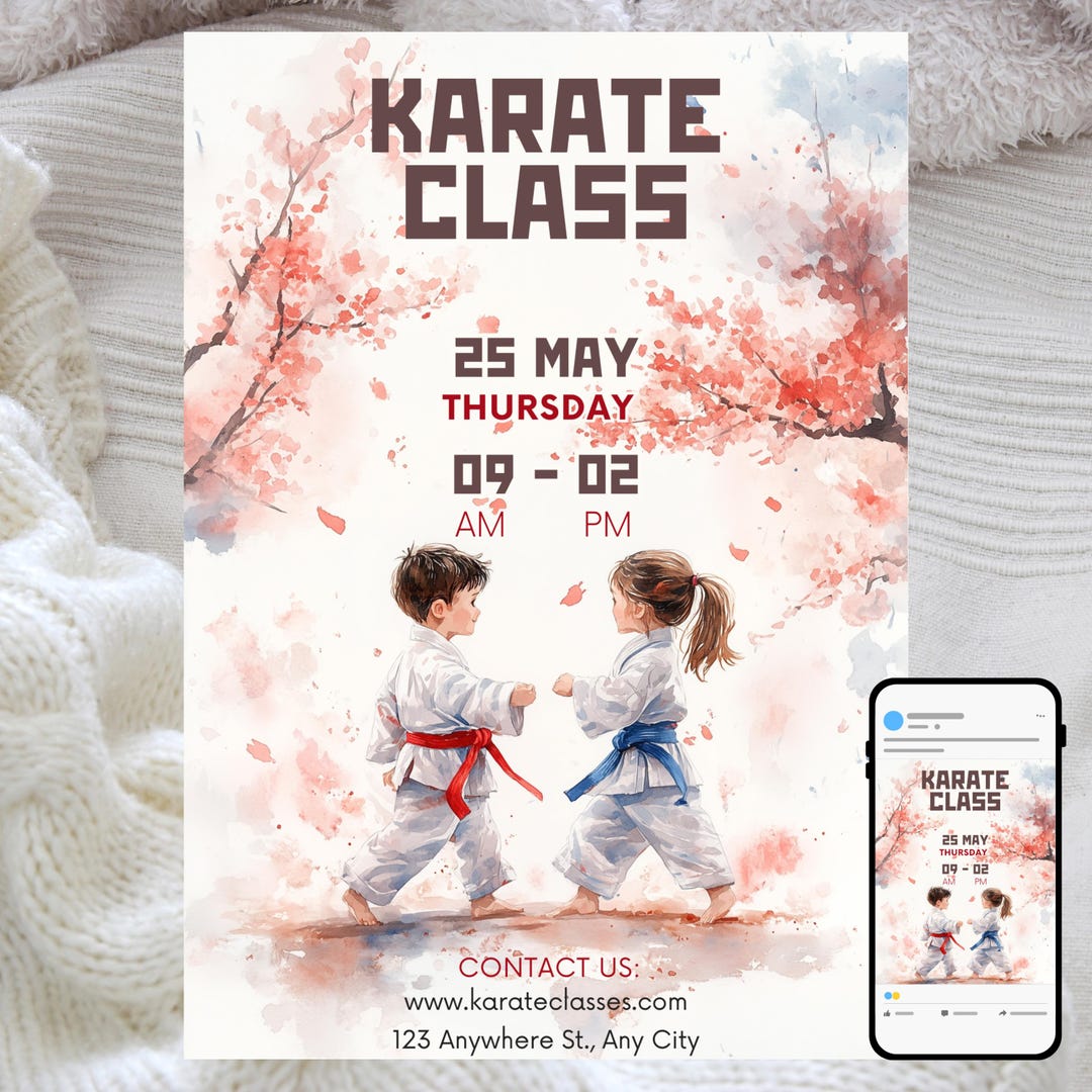 Karate Class Invitation, Editable Martial Arts Invite Template, Cute ...