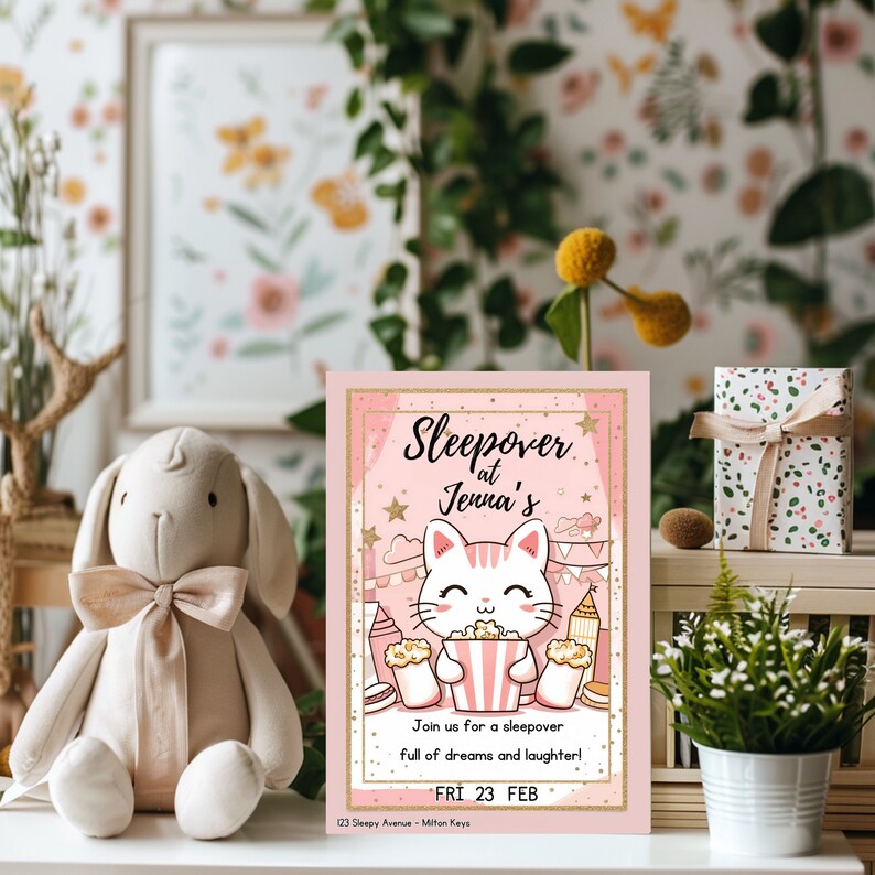 Editable Sleepover Party Invitation, Slumber Party Invite, Cute Cat ...
