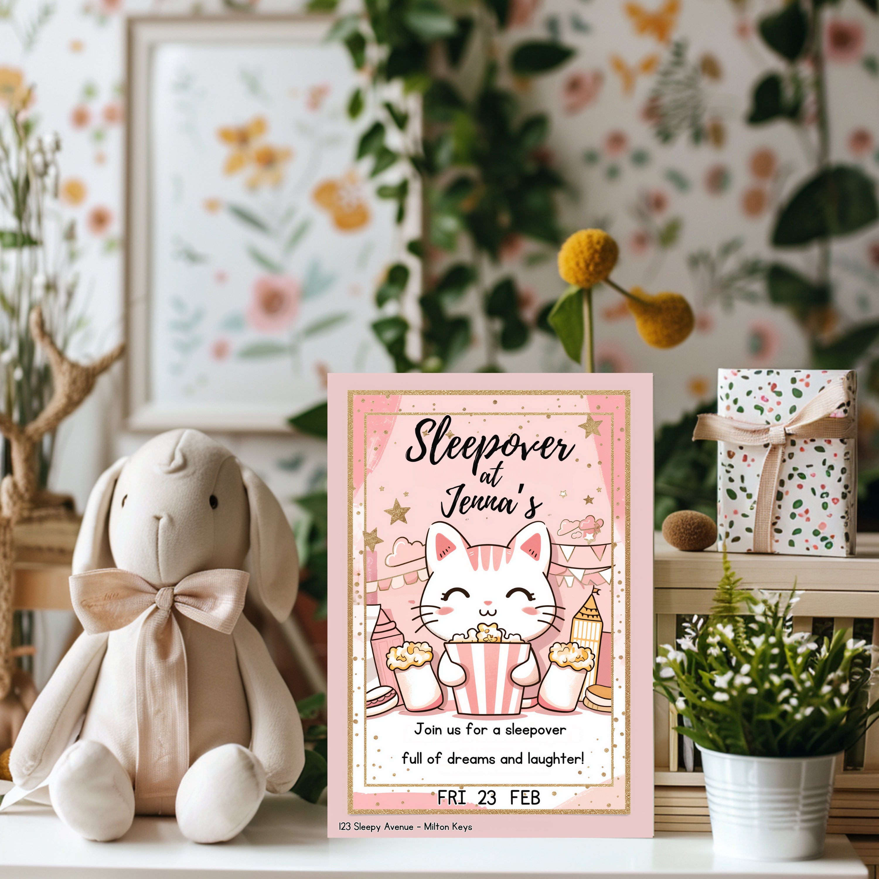 Editable Sleepover Party Invitation, Slumber Party Invite, Cute Cat ...