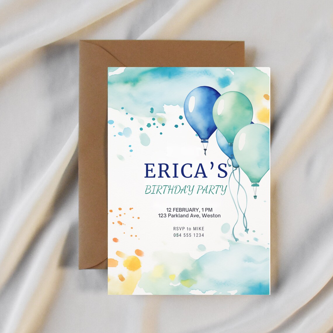 Balloon Birthday Invitation Template, Watercolor Birthday Invite, First ...