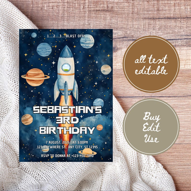 Rocket Birthday Invitation: Watercolor Galaxy Space Party (editable ...