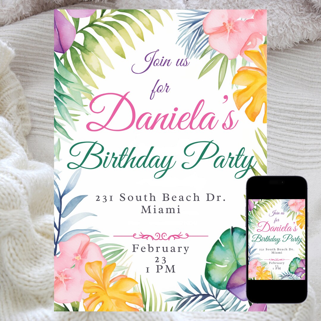Tropical Birthday Invitation: Watercolor Flowers, Editable Template ...