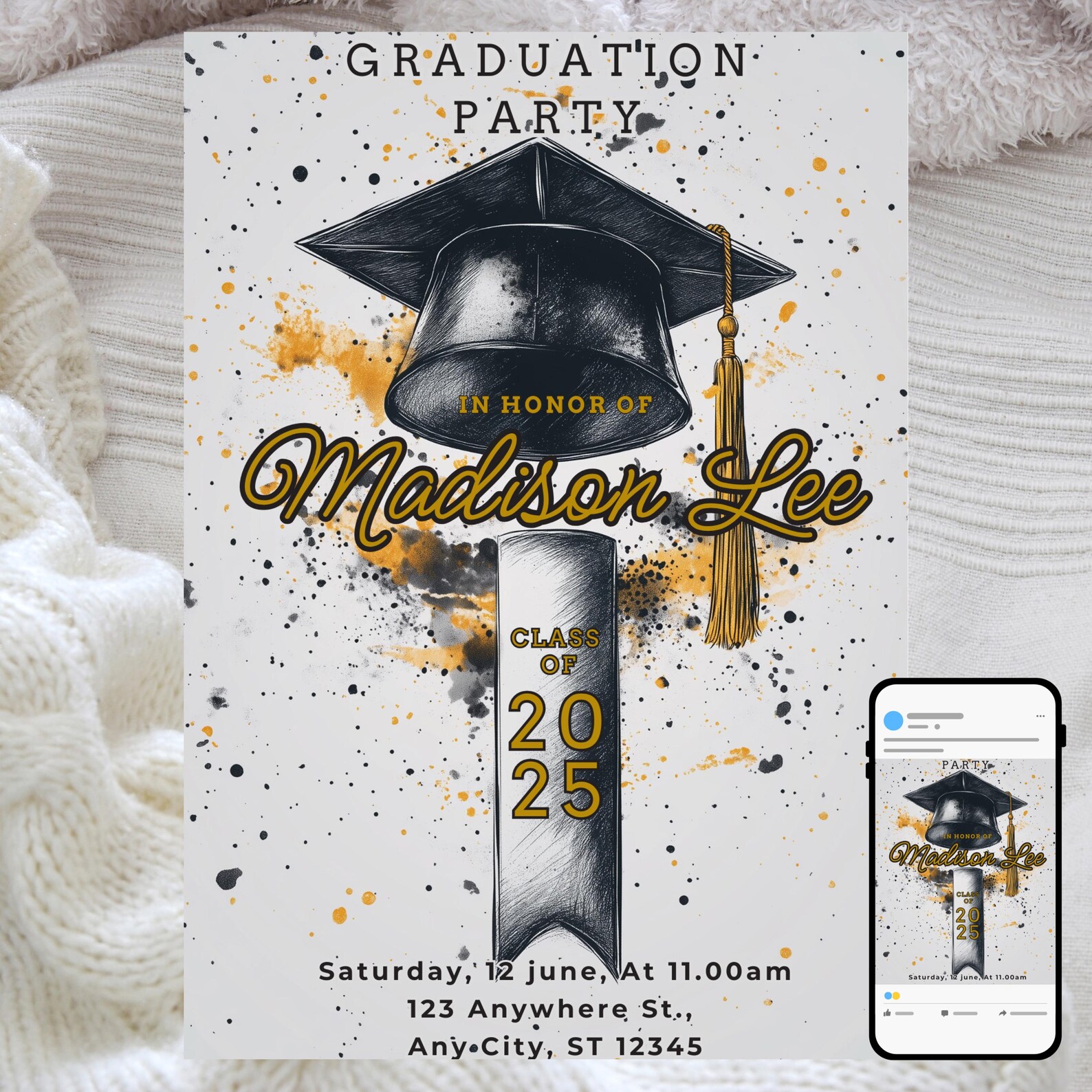 Graduation Party Invitation, Class of 2025 Celebration, Black and Gold ...