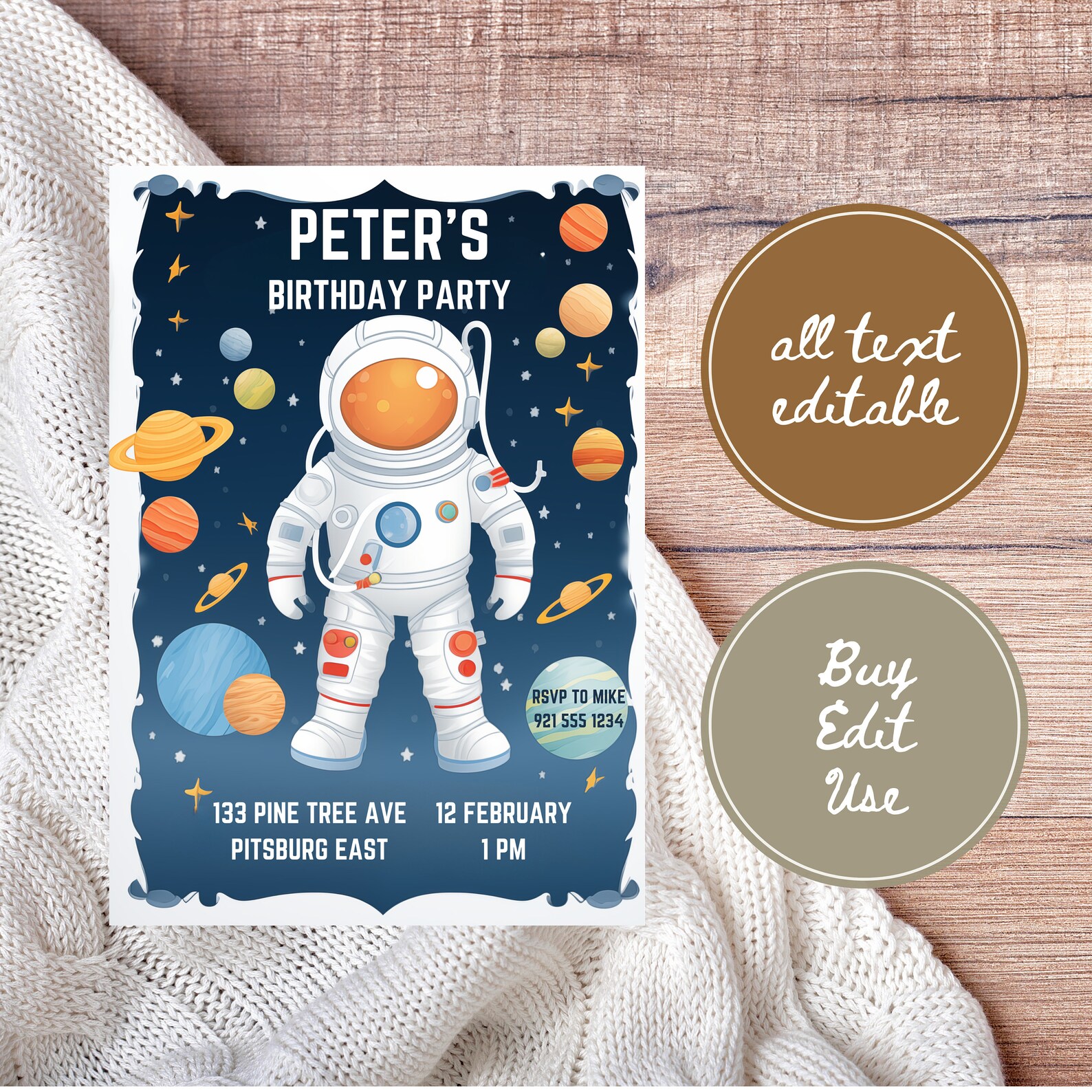Astronaut in Space Invitation Card, Space Birthday Party Invitation ...