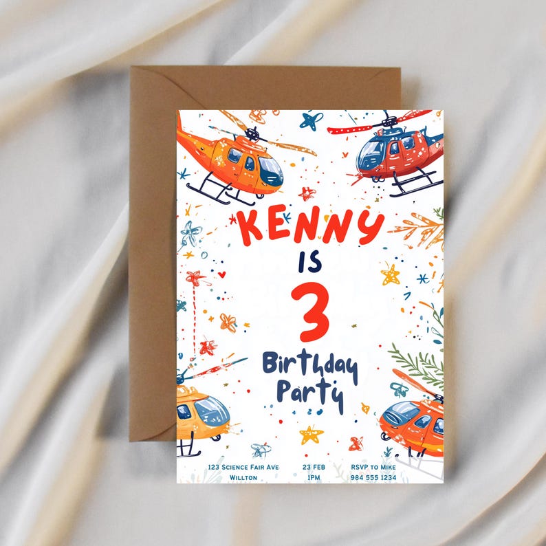 Editable Kids Helicopter Birthday Party Invitation, Fly High ...