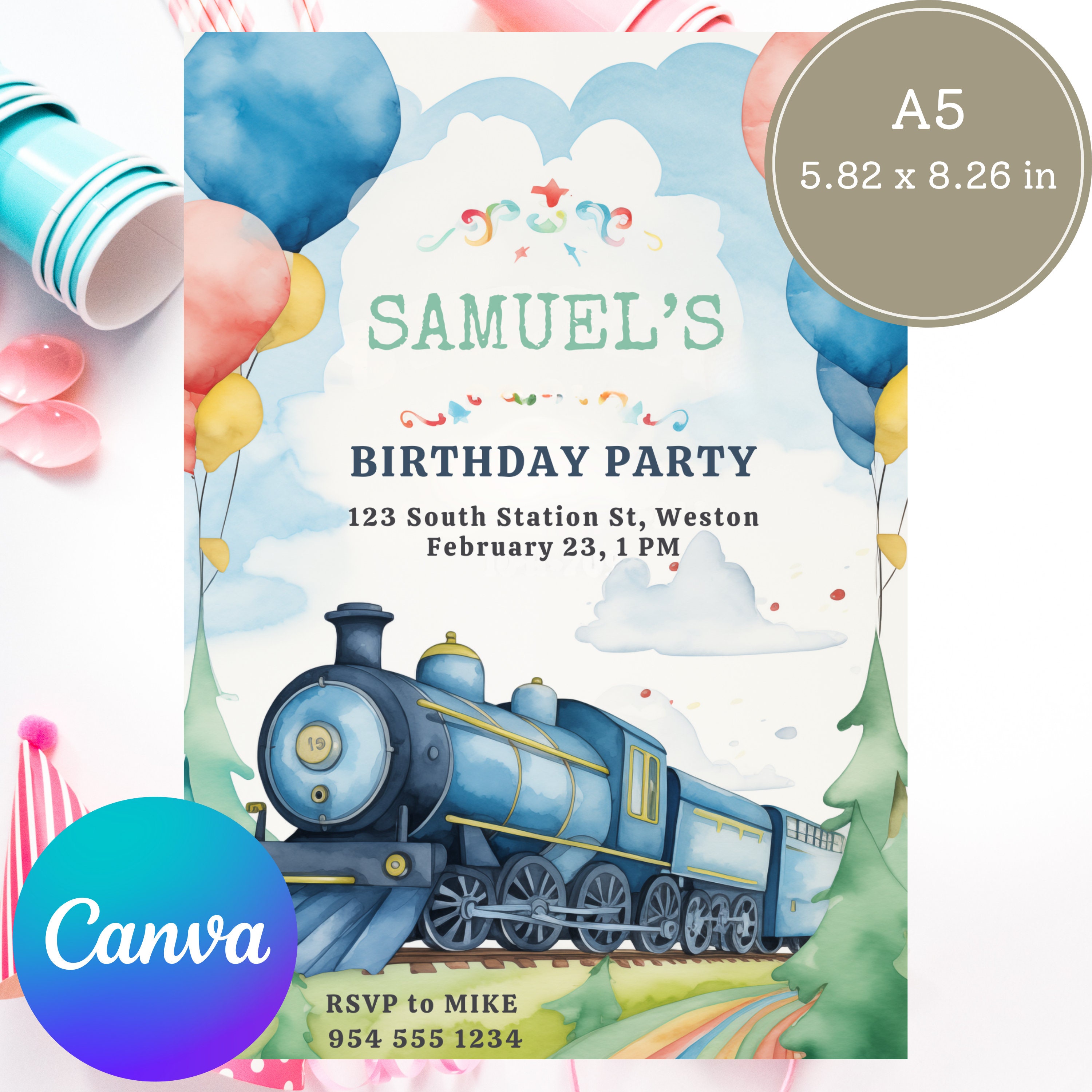 Adorable Watercolor Train Birthday Invite Template, Chugga Chugga Train ...