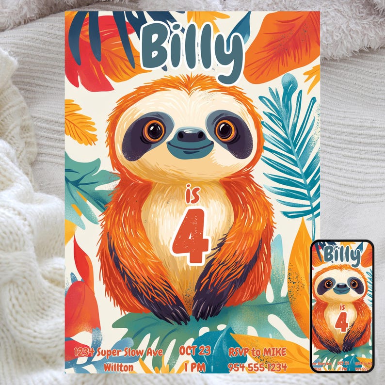 Editable Sloth Birthday Party Invitation, Kids Celebration (digital ...