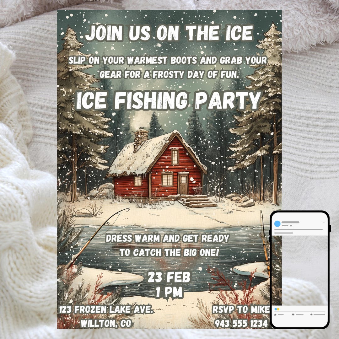 Ice Fishing Party Invitation: Winter Cabin, Woodland Theme (digital ...