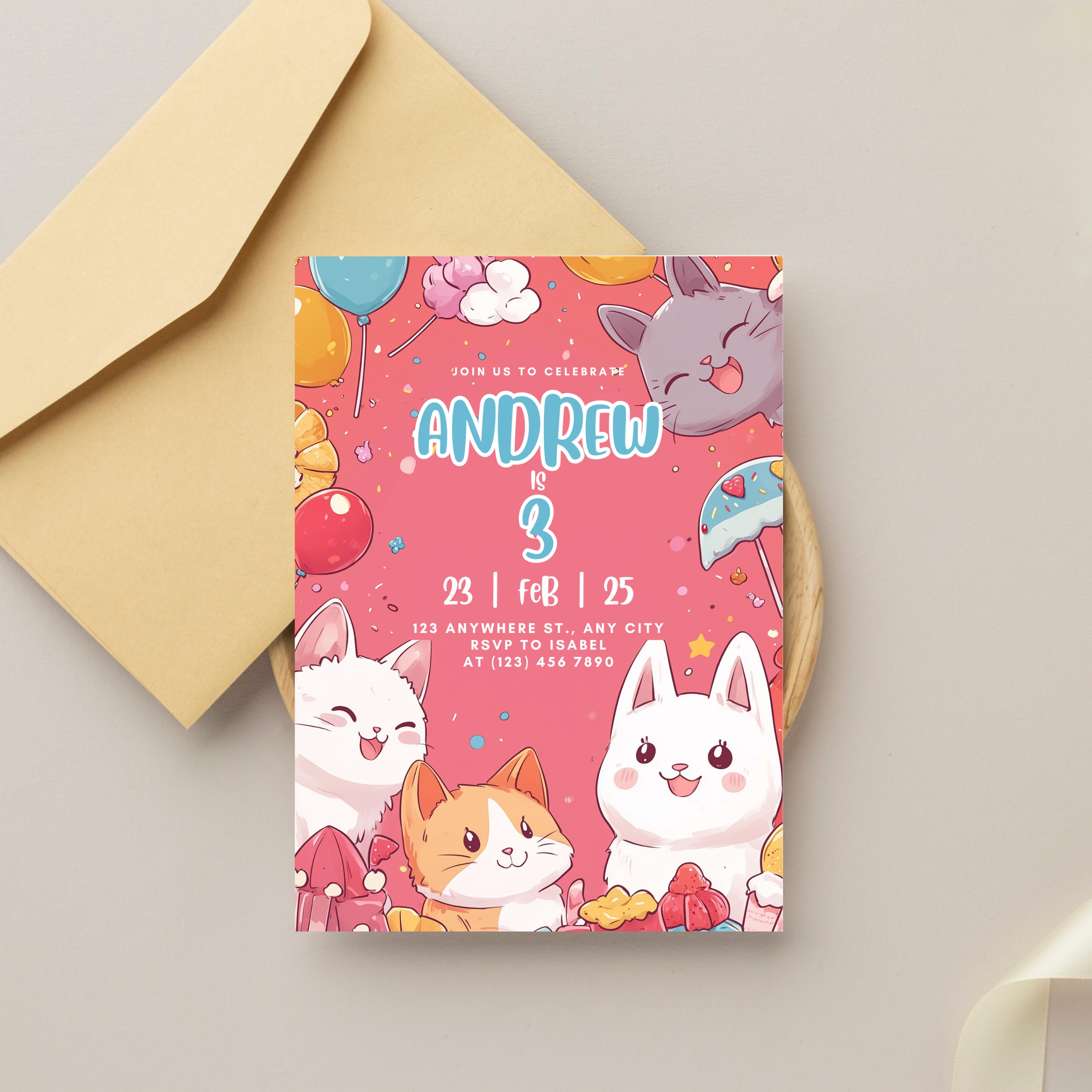 Anime Cat Birthday Invitation, Kids Party, Editable Digital Template ...