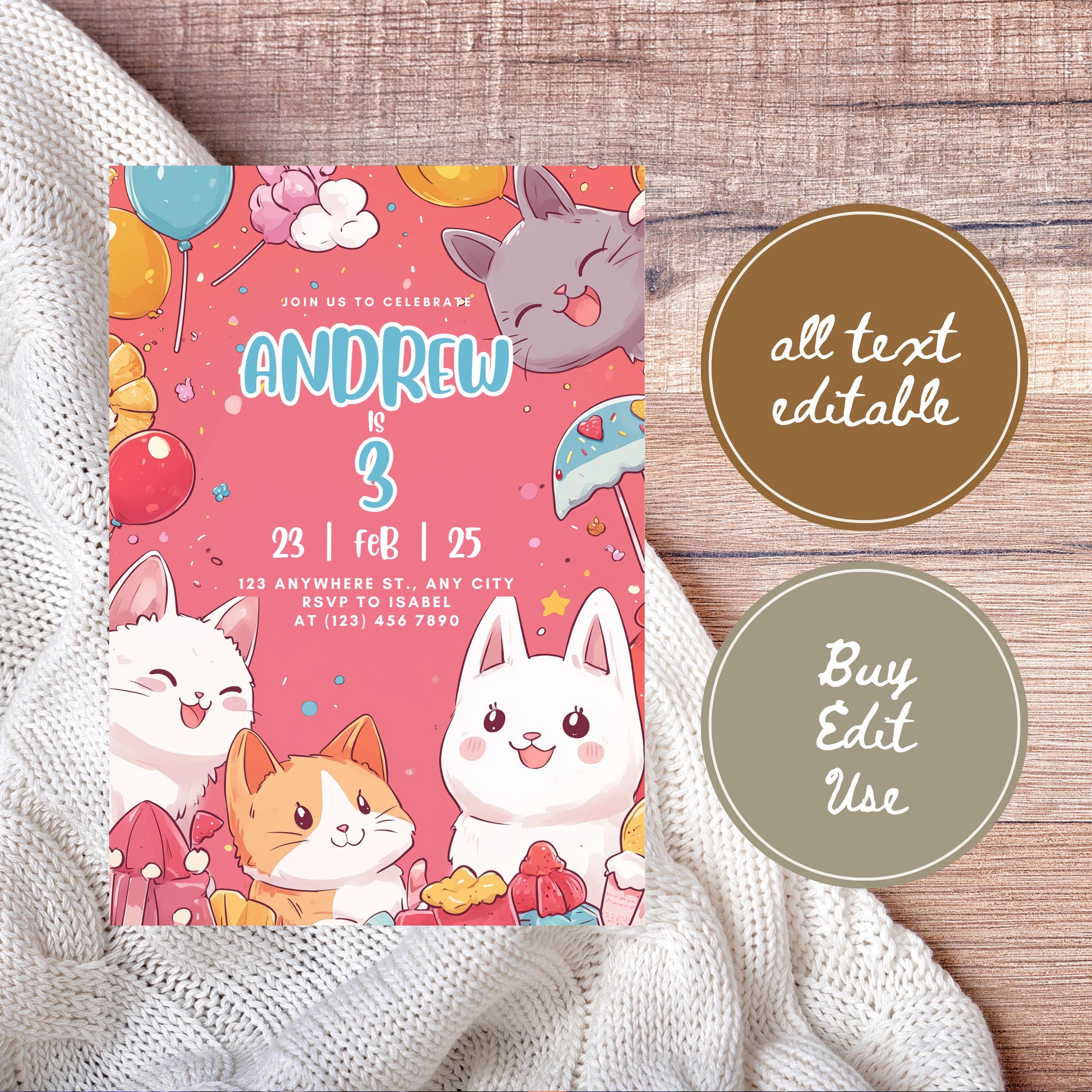Anime Cat Birthday Invitation, Kids Party, Editable Digital Template ...