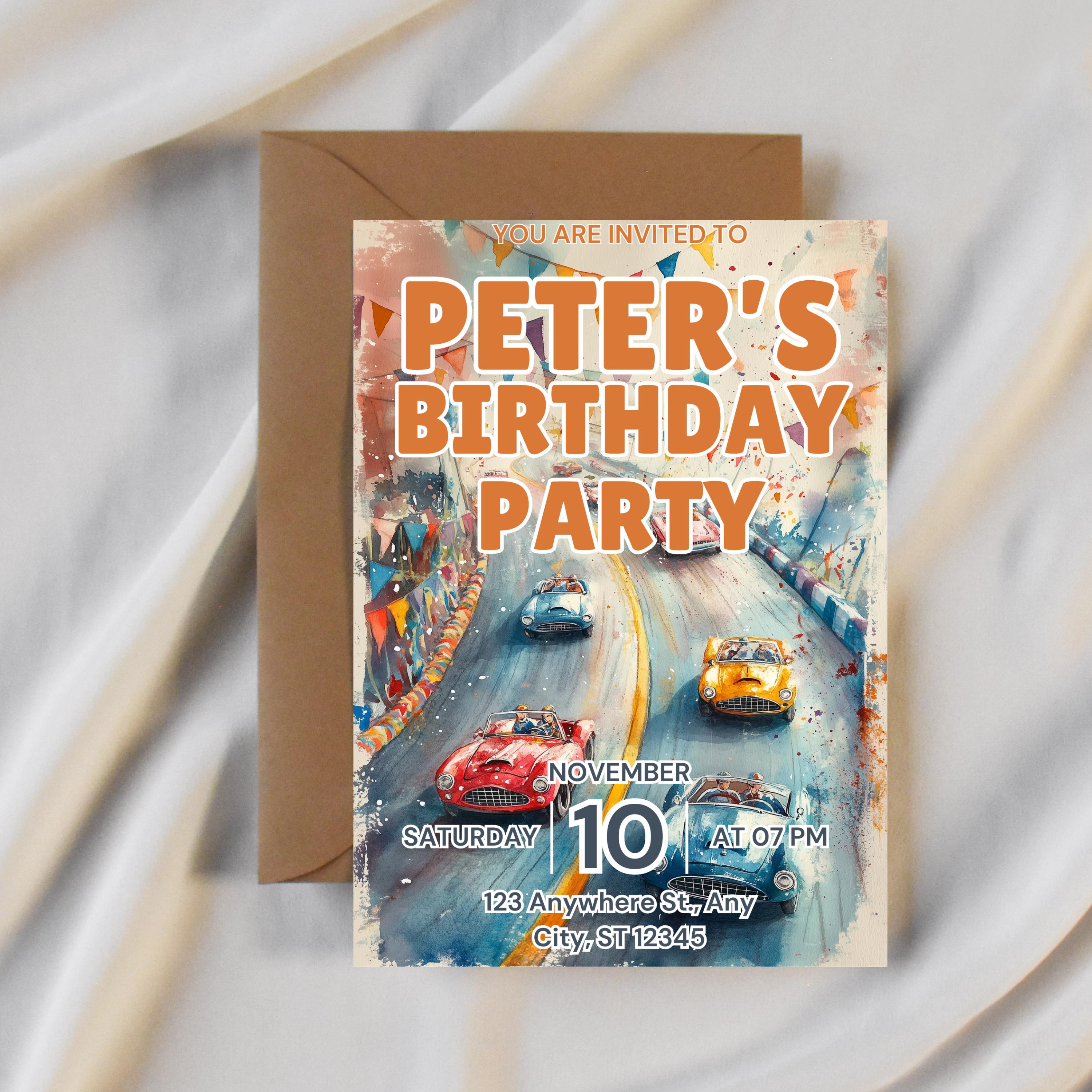 Race Car Birthday Invitation, Editable Kids Party Template, Watercolor ...