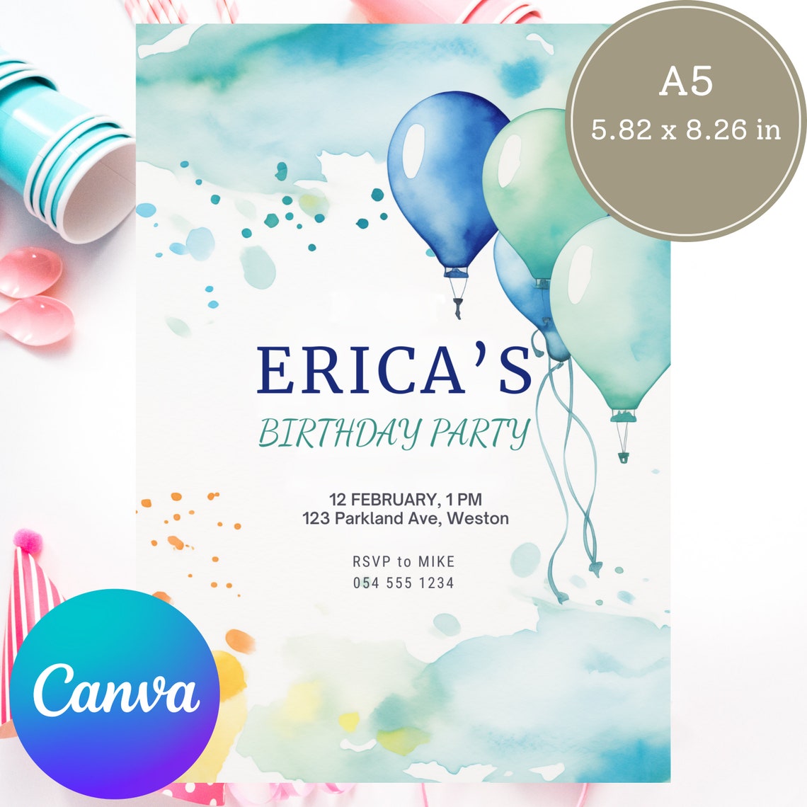 Balloon Birthday Invitation Template, Watercolor Birthday Invite, First ...