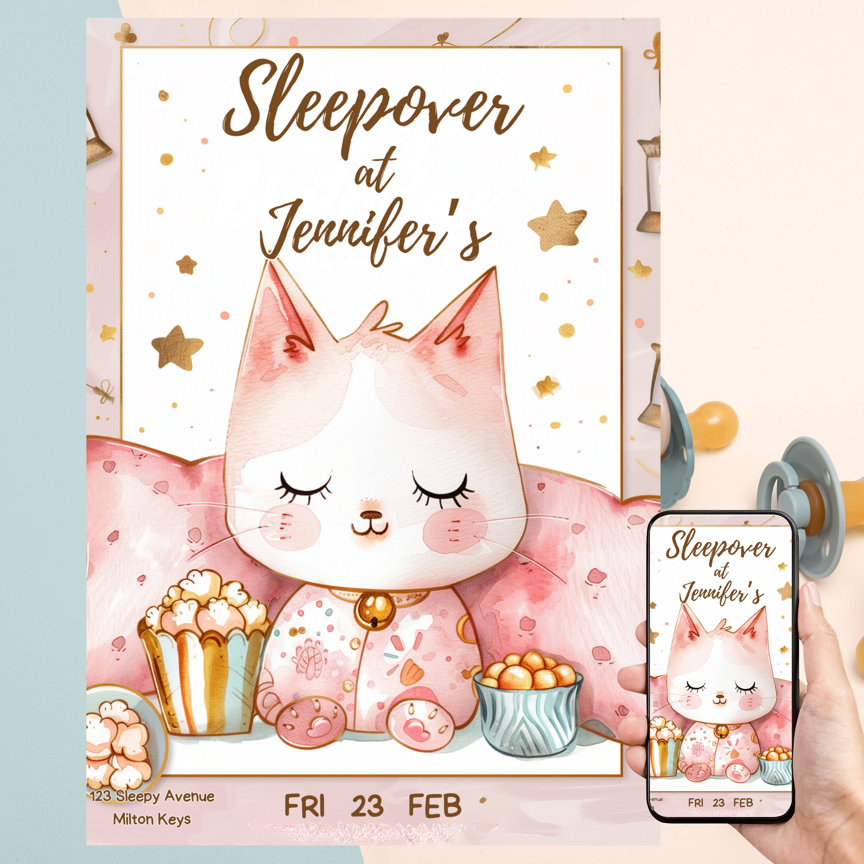 Editable Slumber Party Invitation: Pink Cat Sleepover (digital Download ...