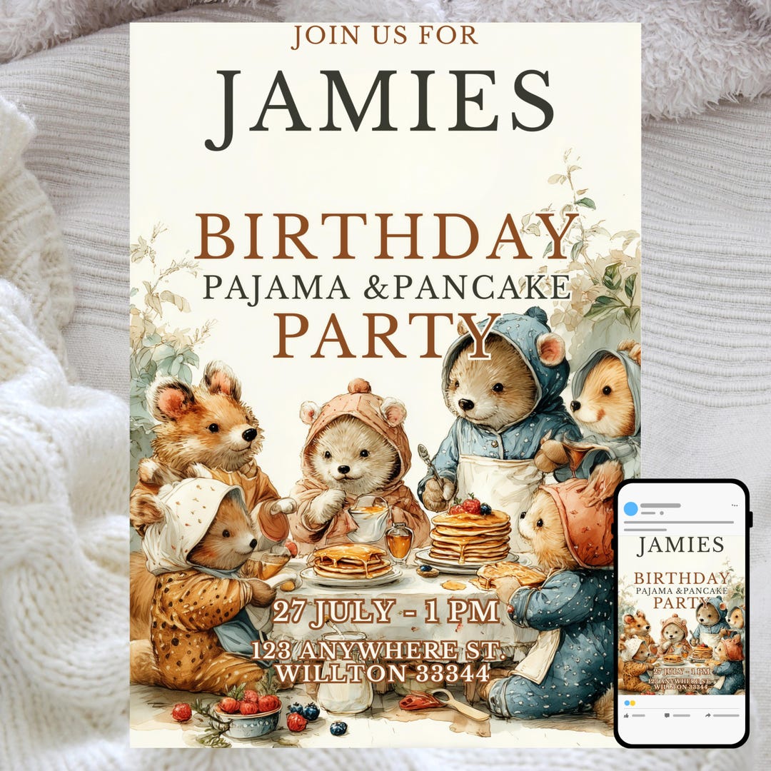 Pajama Pancake Party Invitation: Watercolor Bear Birthday (editable ...