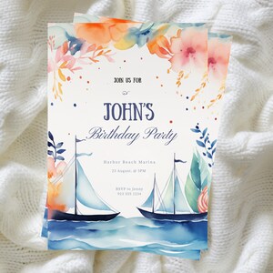 Nautical Watercolor Boat Birthday Party Invitation, Yacht Party ...