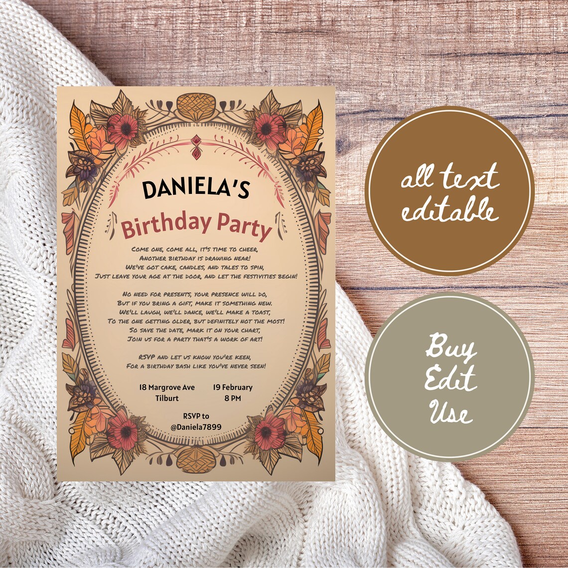 Editable Free Spirit Birthday Invitation, Neutral Colours Printable ...