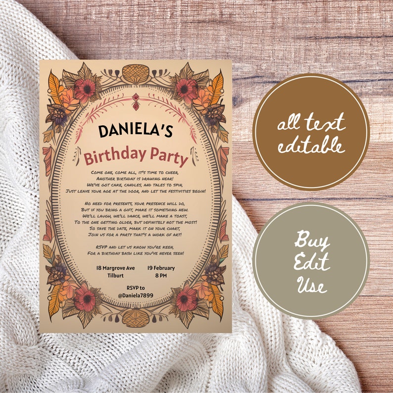 Editable Free Spirit Birthday Invitation, Neutral Colours Printable ...