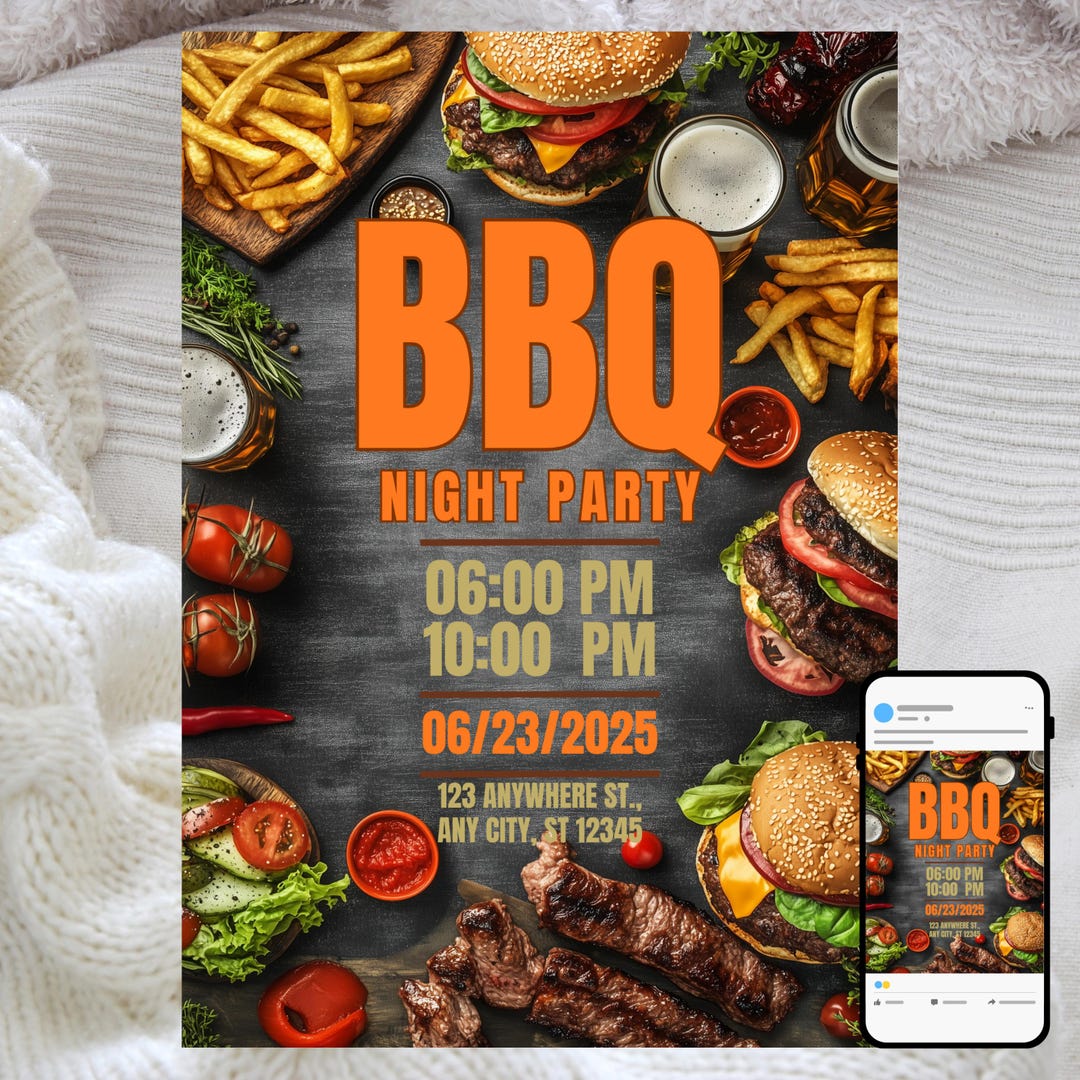 BBQ Night Party Invitation: Burgers & Beer Cookout (editable Template ...