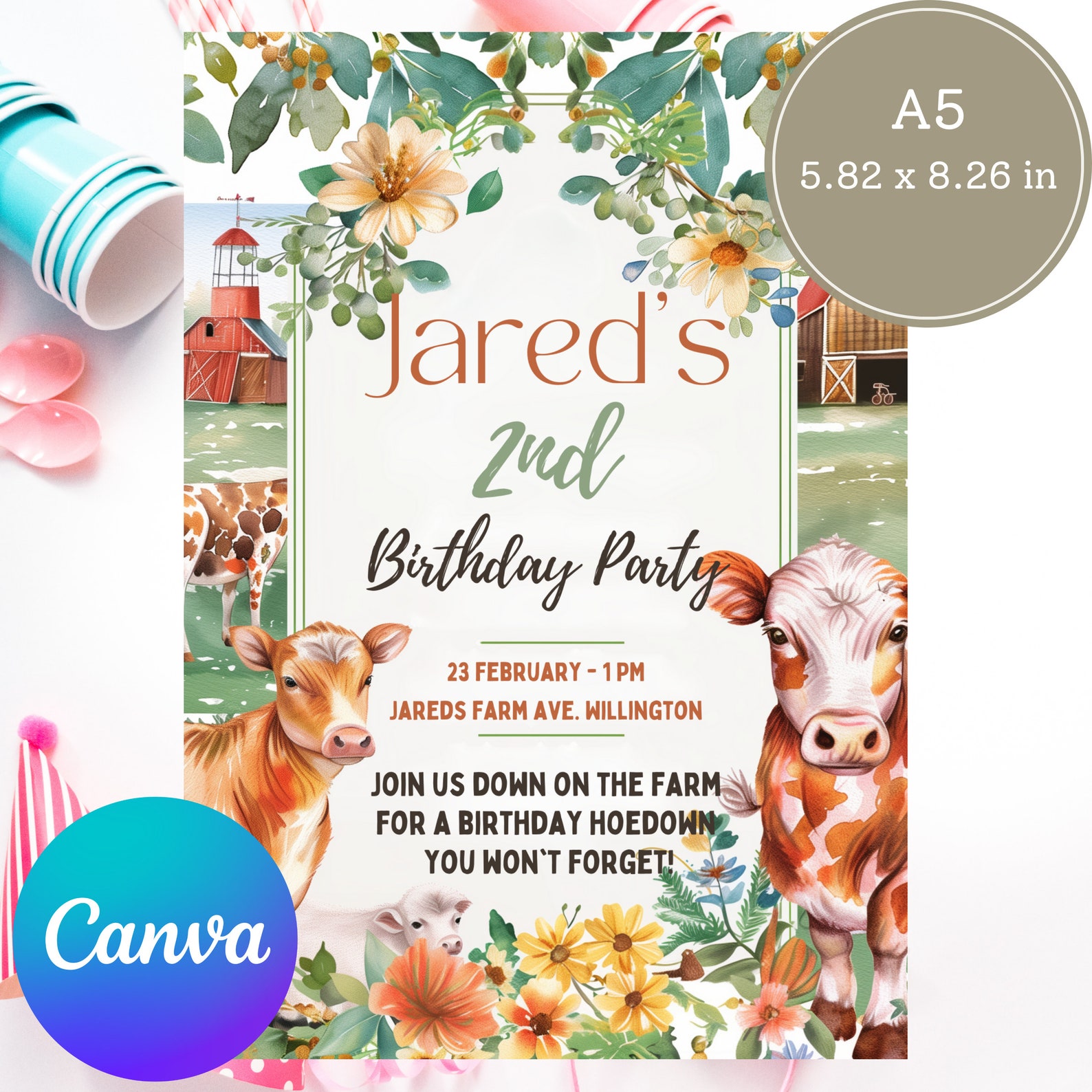 Editable Farm Birthday Invitation Card, Ranch Cow and Calf Birthday ...