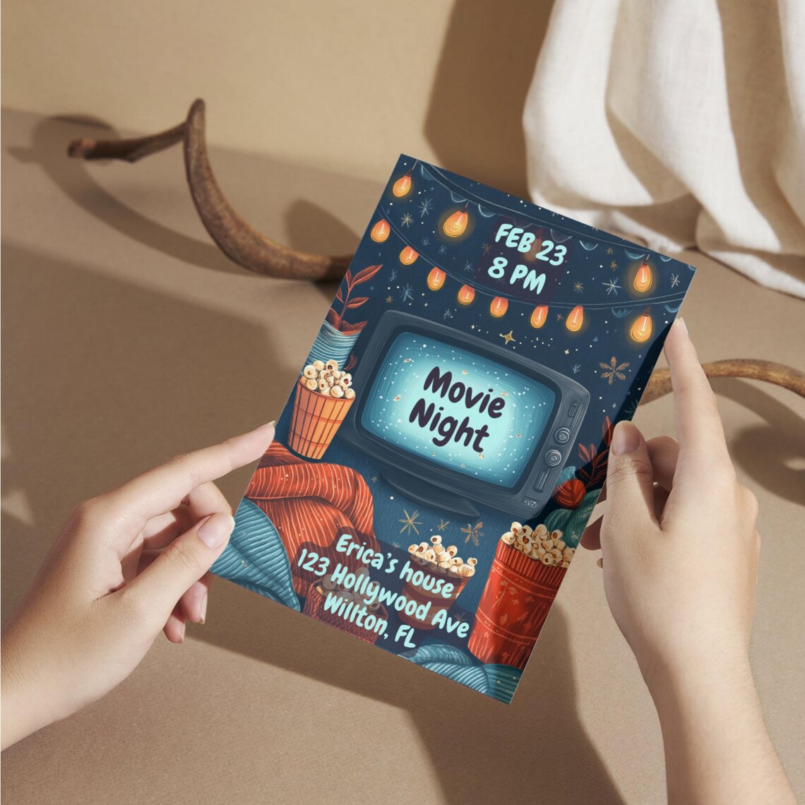 Movie Night Invitation: Popcorn Party, Editable Template (digital ...