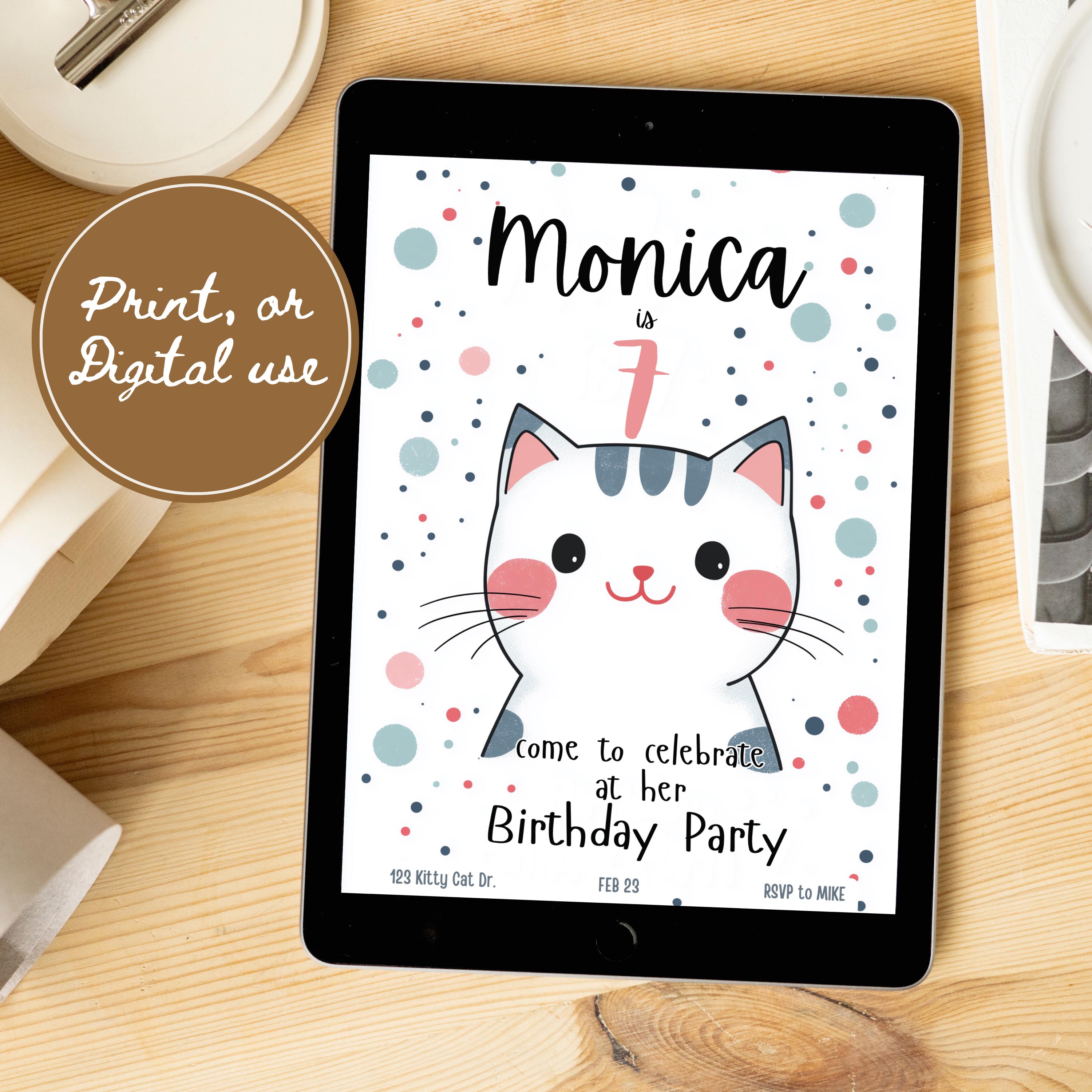 Editable Kawaii Kitty Cat Birthday Invitation: Pastel Kitten Party ...