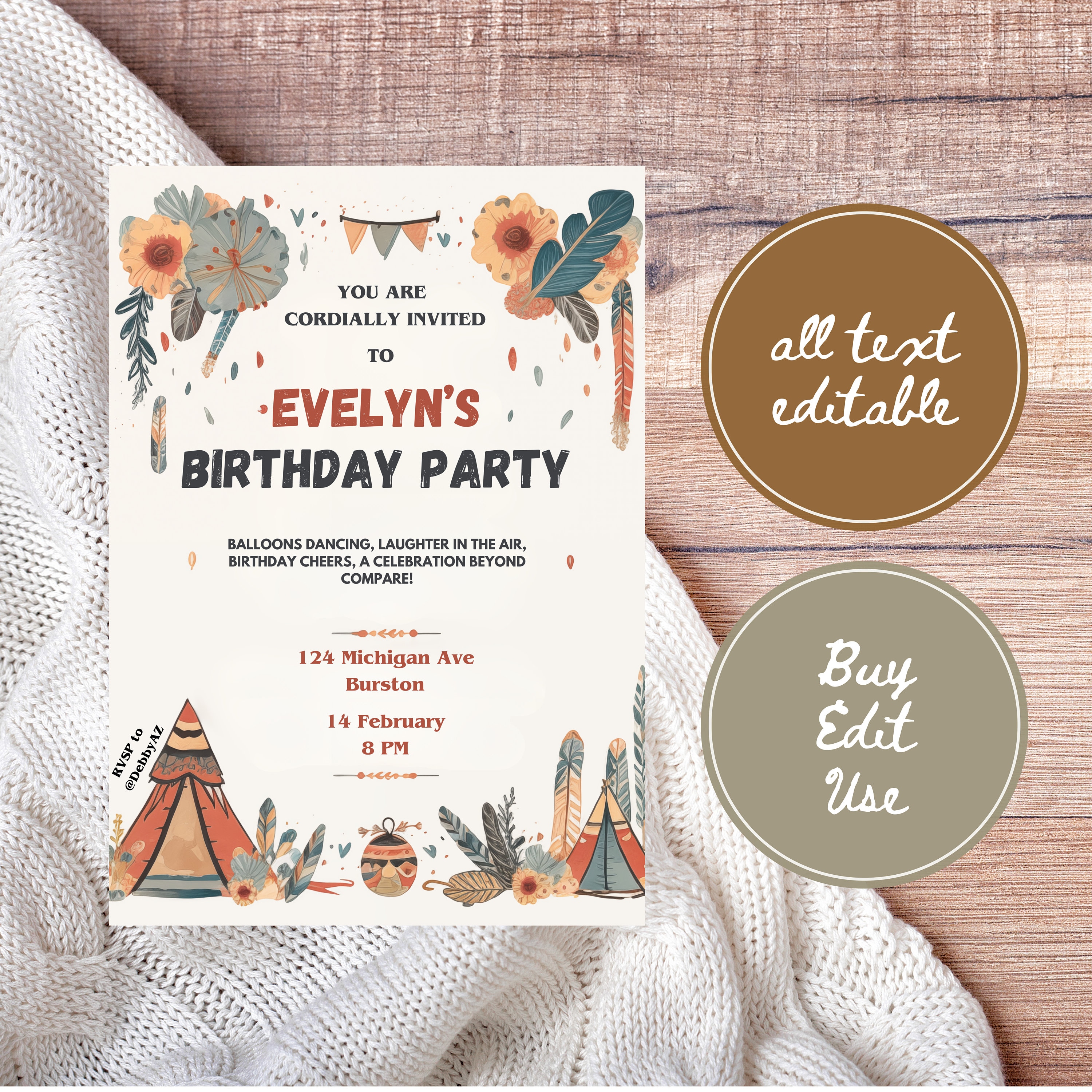 Editable Boho Birthday Invitation, Neutral Colours Printable Invite ...