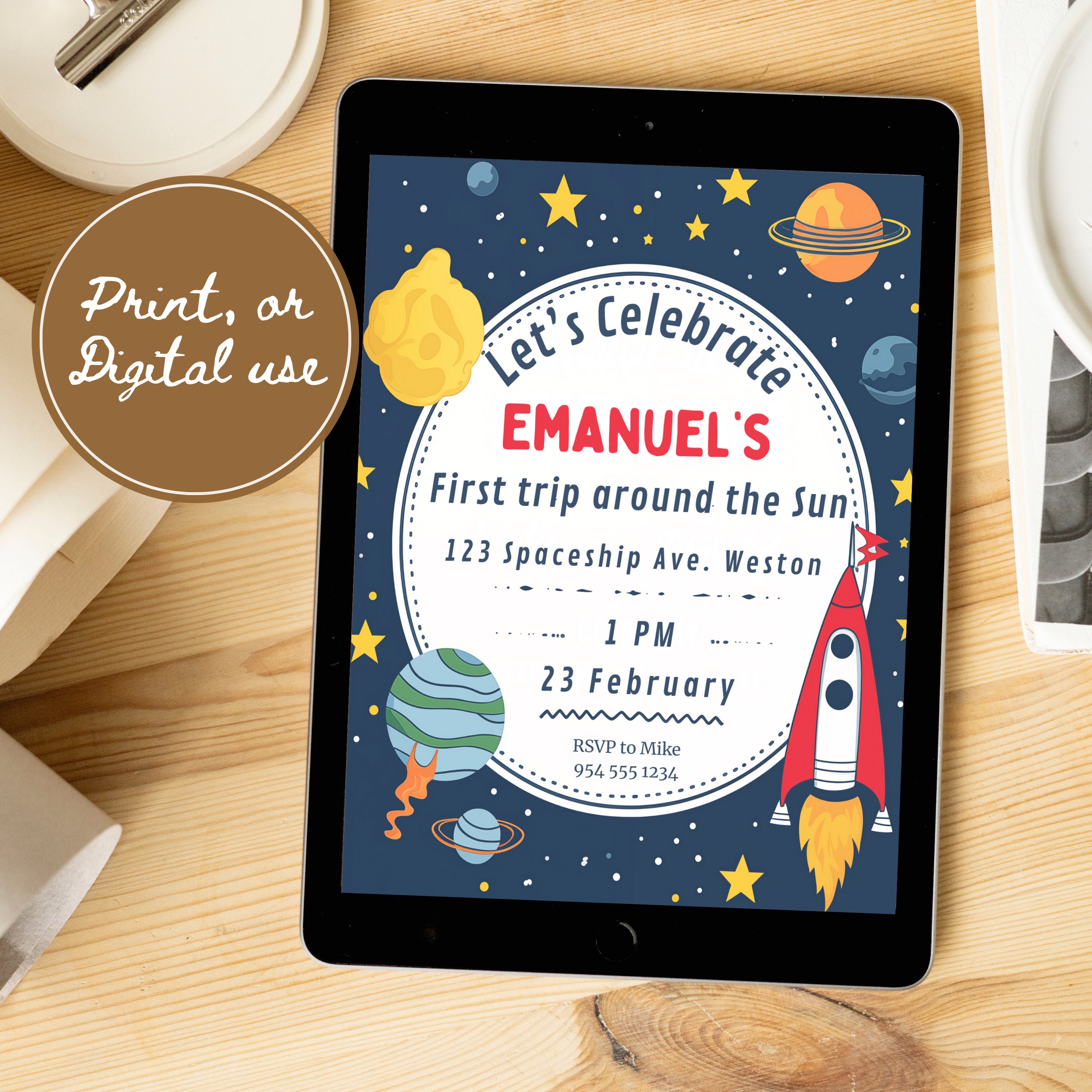 Outer Space First Birthday Invitation, Space Rocket Themed Party Invite ...