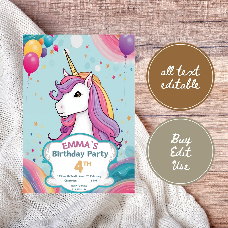 Editable Unicorn Birthday Party Invitation, Unicorn Birthday Invite ...