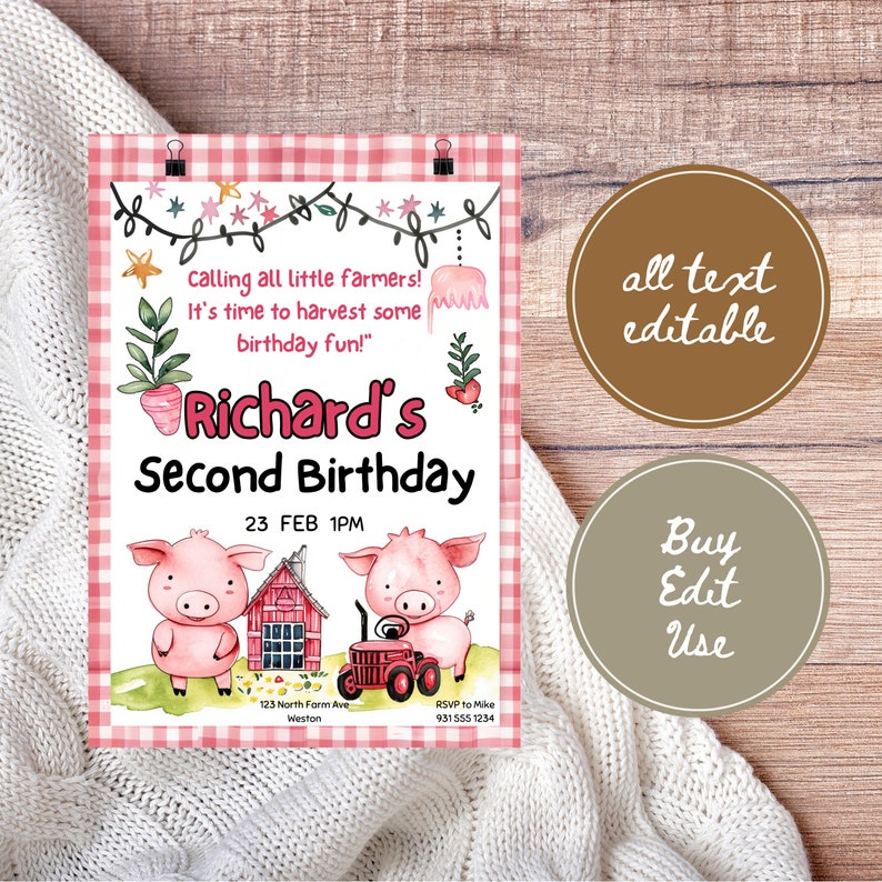 Ranch Birthday Invitation, Editable Farm Birthday Invitation, Pigs and ...