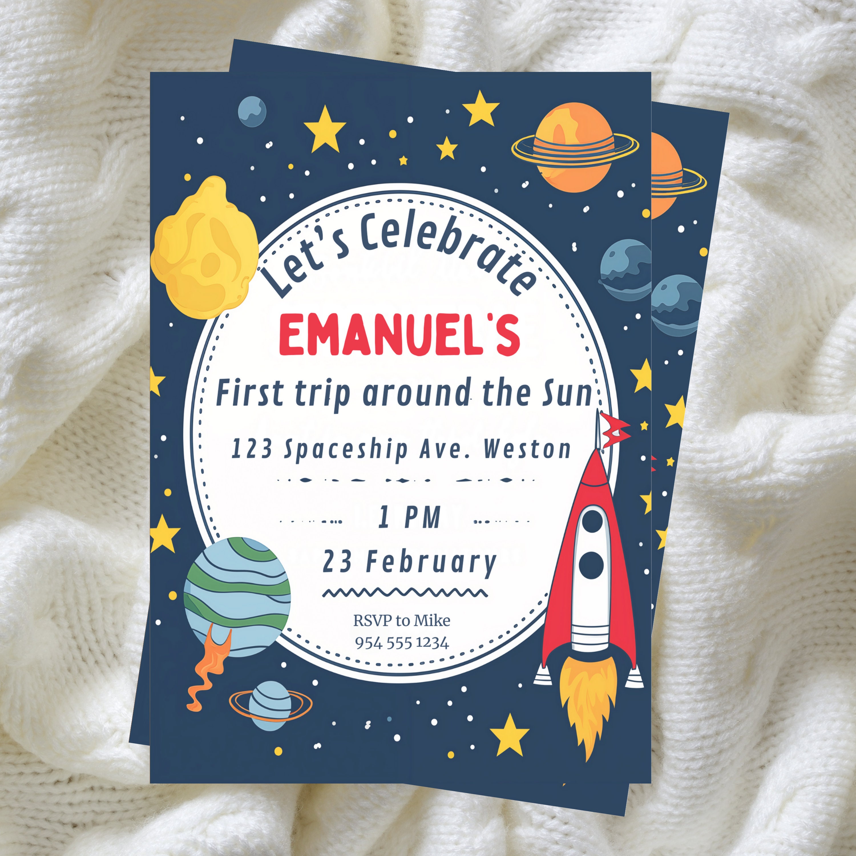 Outer Space First Birthday Invitation, Space Rocket Themed Party Invite ...