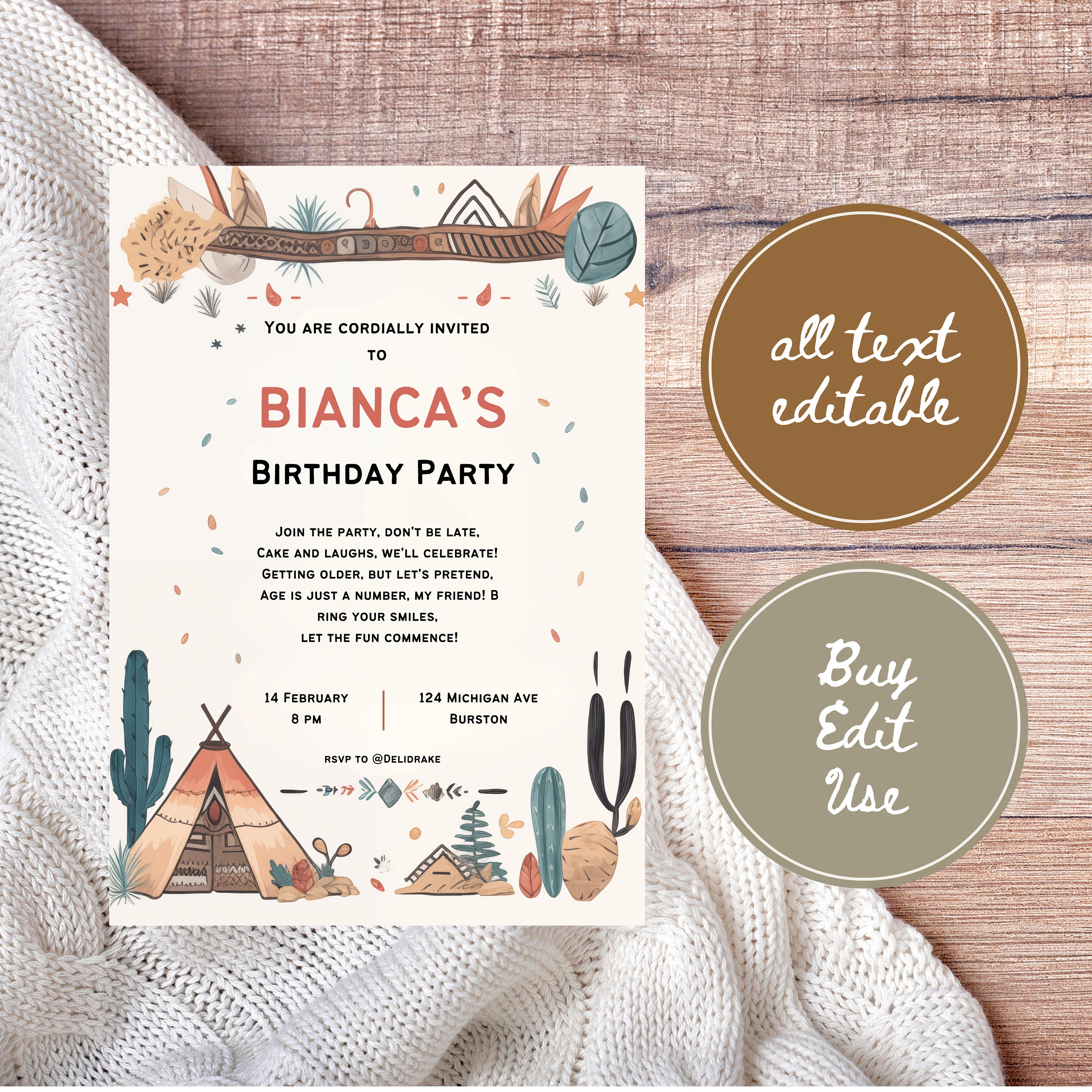 Editable Boho Birthday Invitation, Neutral Colours Printable Invite ...