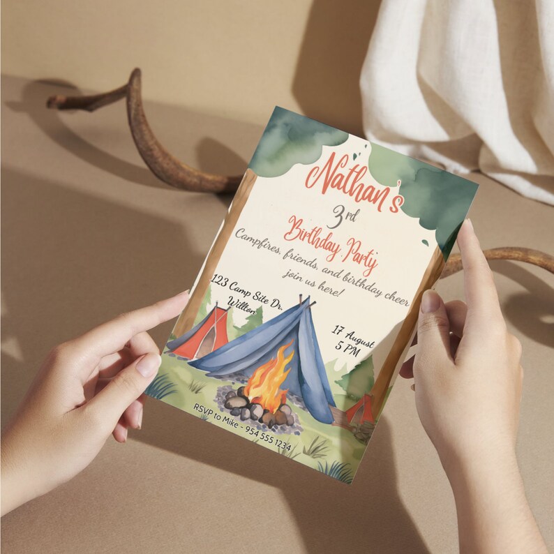 Editable Camping Birthday Invitation, Happy Camper, S'mores and ...