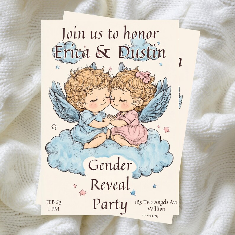 Little Angels Gender Reveal Party Invite, Adorable Gender Reveal Party ...