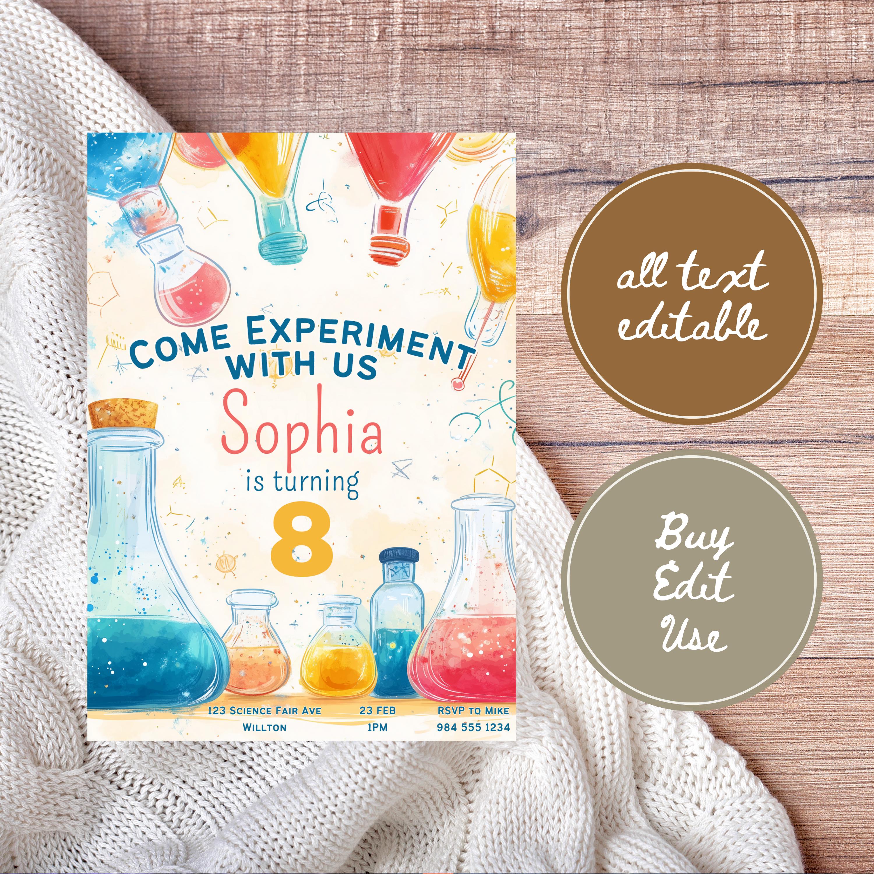 Editable Kids Science Party Birthday Invitation, Mad Scientist Lab ...