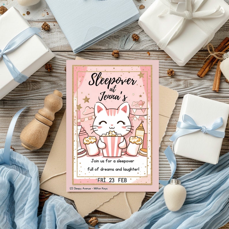 Editable Sleepover Party Invitation Slumber Party Invite Cute Cat